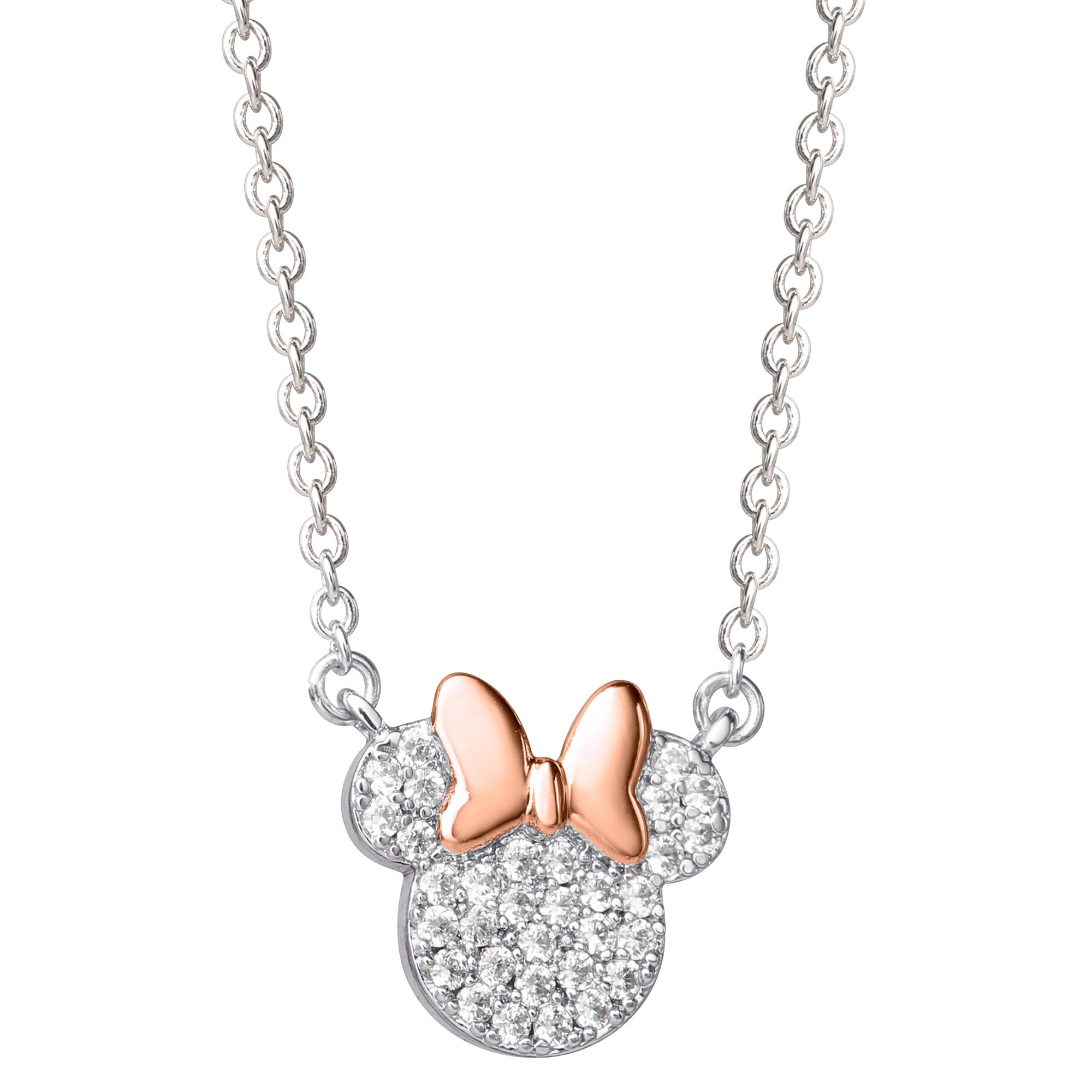 Disney Jewelry, Minnie Mouse Cubic Zirconia Pendant Necklace, Silver Plated, Pink Plated, 16+2" Extender