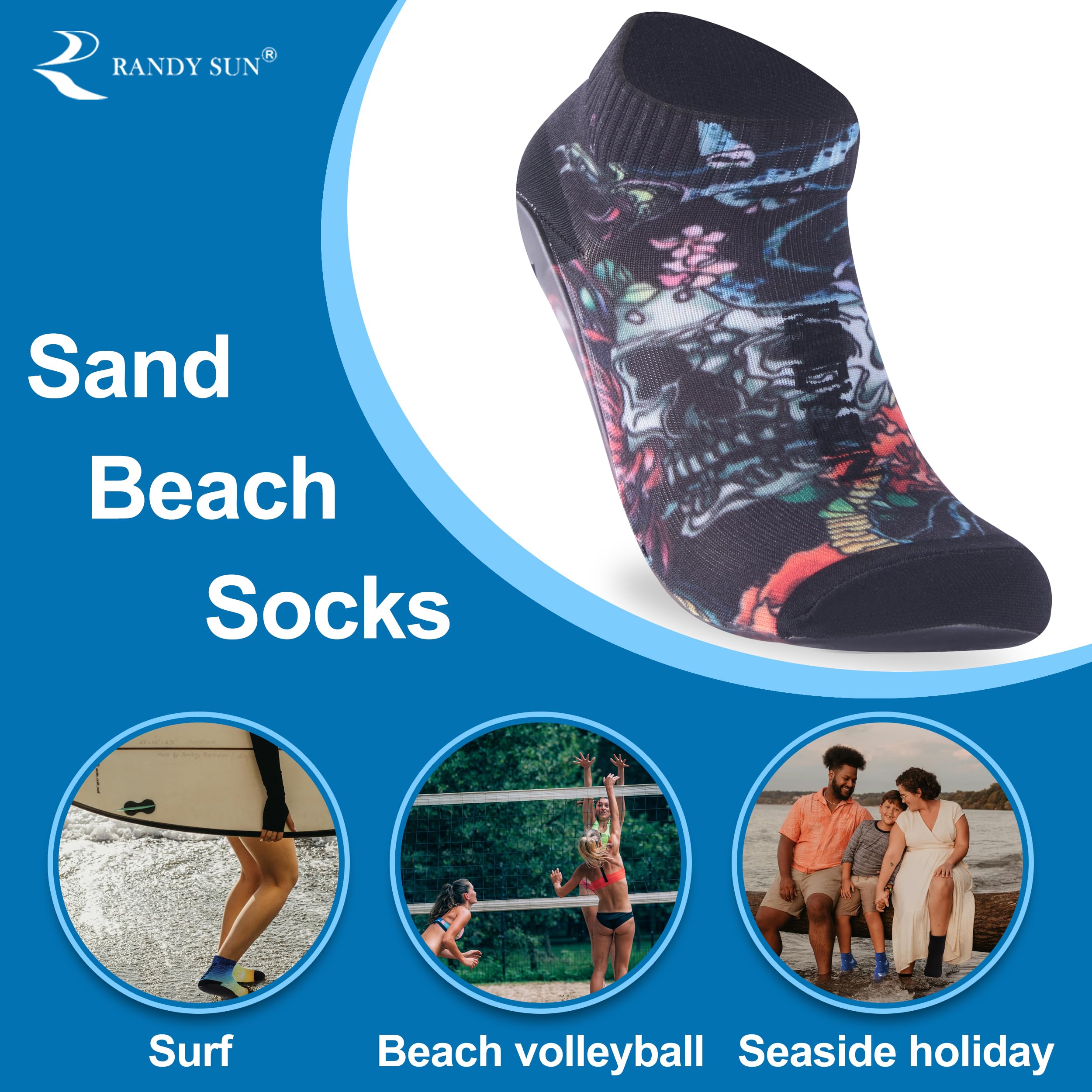 RANDY SUN Unisex Quick-Dry Sand Not Waterproof Socks, Barefoot Shoes for Summer Fun Surf Swim Yoga Exercise Water Sport Protect Against Hot Sand and Shells (1 Pair Black Red Printed Low Cut S)