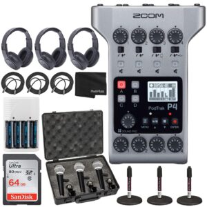 zoom podtrak p4 portable multitrack podcast recorder + 64gb sdxc memory card + dynamic cardioid handheld mic (3-pack) with carrying case + 3x stereo headphones + 3x mic stand + batteries and charger