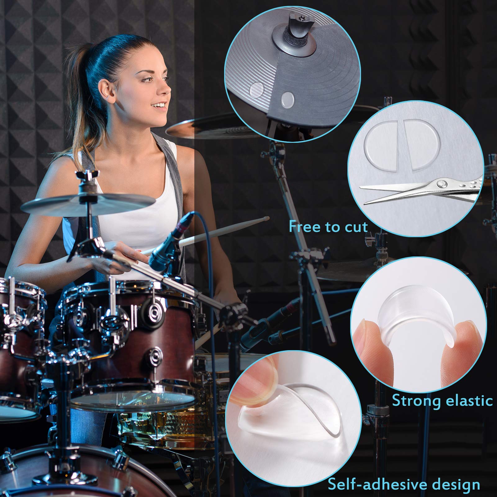 MIKIMIQI Drum Dampeners Gel Pads, 12 Pcs Round Silicone Drum Silencers and 4 Pcs Long Clear Soft Drum Dampening Gel Pads Transparent Drum Mute Pads for Drums Tone Control