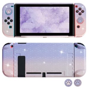 fanpl glitter case for nintendo switch, hard shell dockable protective case cover for switch and joycon controller with glitter cat paw thumb grips (gradient pink and purple)