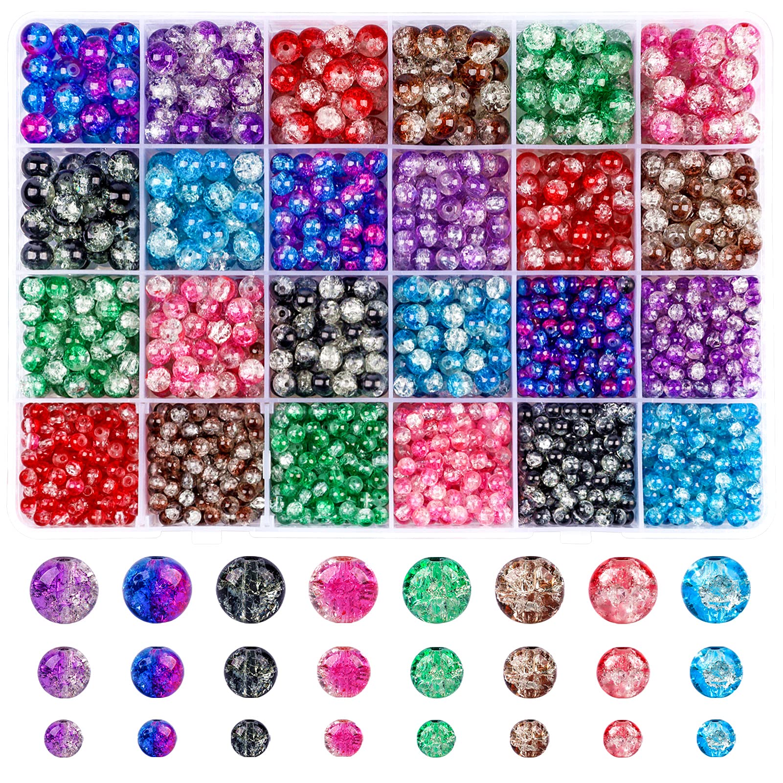 Suhome 1920pcs 8 Color Crackle Lampwork Glass Beads 4mm 6mm 8mm Handcrafted Round Spacer Loose Beads for Jewelry Making