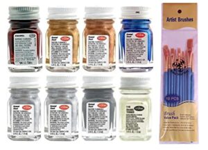 make your day testors metallic enamel paint variety with thinner, 1/4 fl oz (pack of 8) paintbrushes