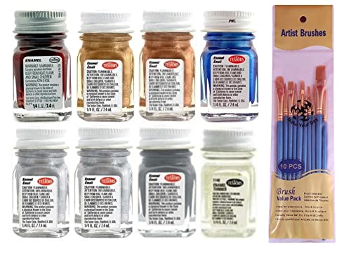 Make Your Day Testors Metallic Enamel Paint Variety with Thinner, 1/4 fl oz (Pack of 8) Paintbrushes