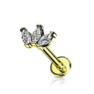 pierced owl 16g stainless steel internally threaded triple marquise cz crystal top flat back lip cartilage tragus stud (gold tone, 8mm barbell)