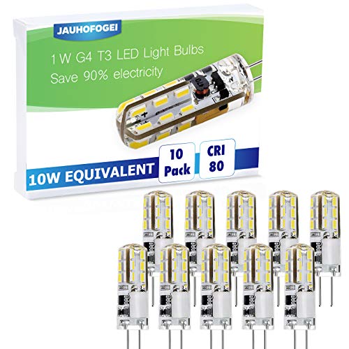 JAUHOFOGEI G4 LED Bulb 12V ac/dc Bi-pin Base Landscape Light Bulbs - 10W Replacement Halogen JC Bulb - 1 Watt 12 Volt Mini T3 Bulb for Under Cabinet Puck Lights - Daylight White 6000K - 10 Pack