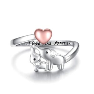 mom daughter elephant ring 925 sterling silver adjustable love heart finger rings pendant for women wife mom nana daughter jewelry gift (rose gold heart, size 6-9)