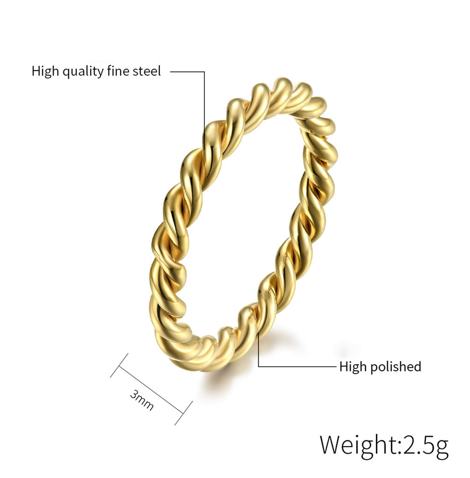 PAMTIER Unisex Stainless Steel 3mm Dainty Spiral Pattern Multi Strand Rope Plait Twist Ring Minimalist Style Stackable Eternity Band Gold Size 6