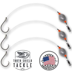 3 Pack Tooth Shield Tackle Carolina Drum Rig Redfish Rig Catfish [80lb Fluorocarbon - 8/0 Circle Hook] 3/4 oz Weight Offshore Saltwater Big Game Grouper Snapper Leaders Rigs Bottom Fishing [Red]