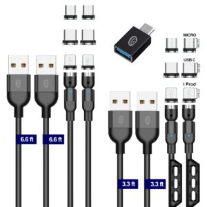 premium magnetic usb cables [4 pack] - (2 x 3.3ft and 2 x 6.6ft cables, 1 adapters x usb a to type c, 2 x tip holders, & 12 tips) - agg 5-pin) micro/android/i product - fast data & charge - black