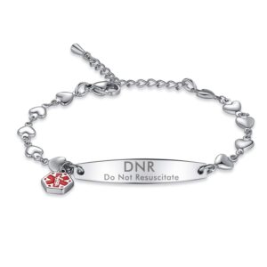 mnmoom medical alert bracelets for women 6.5-8 inch adjustable heart links medical bracelets with engraved dnr-silver