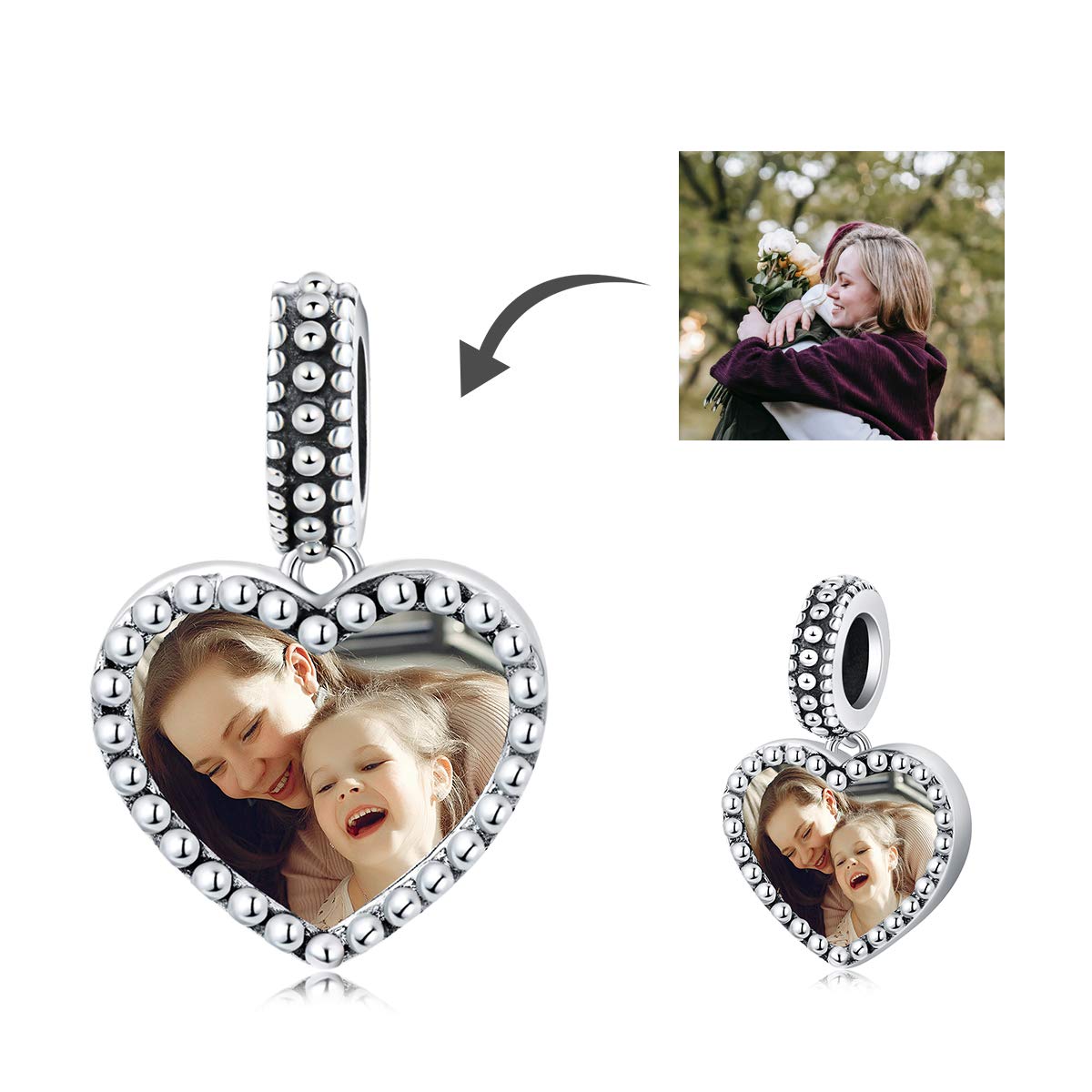 LONAGO Personalized Photo Charm for Bracelet Necklace 925 Sterling Silver Custom Heart Picture Charm Hold 2 Pictures Gift for Women