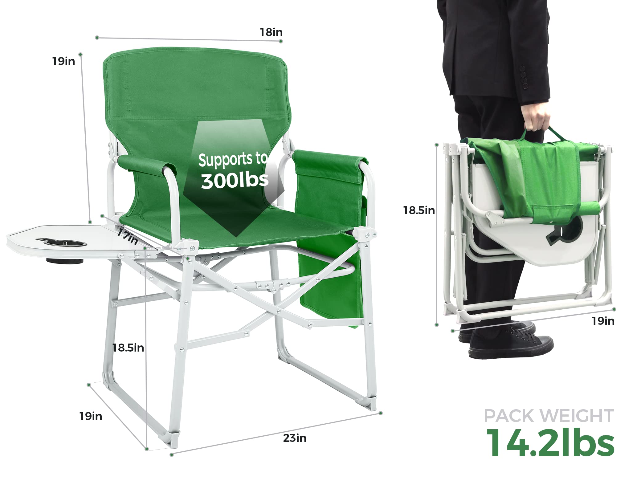 Ubon Heavy Duty Director's Chair Portable Camping Chair with Side Table Green