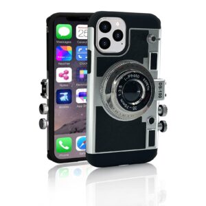 mscomft emily in paris phone case for iphone 12/12 pro, vintage camera phone case, 3d vintage camera design phone case that looks like a camera,with long anti-lost lanyard(for iphone 12 pro) black