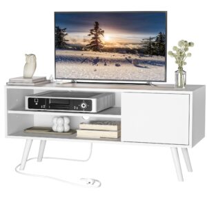 cozy castle tv stand for 50 inch tv, mid century modern entertainment center with storage cabinet, tv media console with charging station for living room, bedroom, white