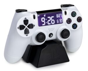 paladone playstation digital alarm usb reverse lcd with backlight, white ps5 controller design, use d pad & buttons to control & set clock, gamer decor, playstation 5 gaming desk accessories