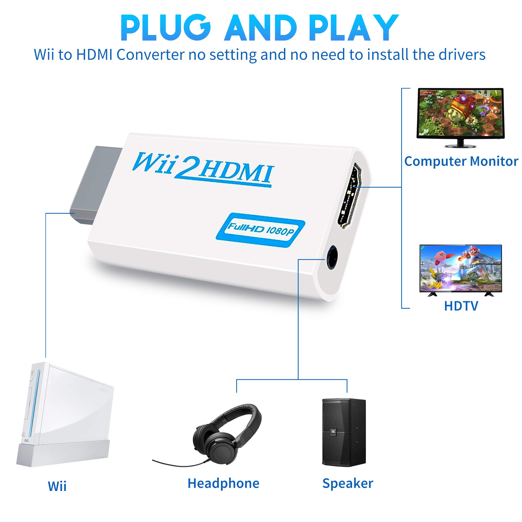 Xahpower Wii to HDMI Converter, Wii HDMI Adapter 1080P for Full HD Device with 3,5mm Audio Jack&HDMI Output Compatible with Nintendo Wii, Wii U, HDTV, Monitor-Supports All Wii Display Modes 720P