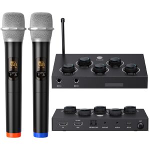 digitnow!portable karaoke microphone mixer system set, with dual uhf wireless mic, hdmi-arc/optical/aux & hdmi in/out in singing receiver for smart tv, pc, ktv, home theater, amplifier, speaker