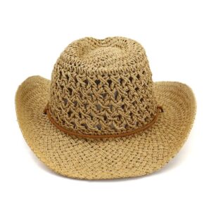 ADAHOP Classic Cattleman Straw Cowboy Hat Western Style Outback Toyo Cowboy Hat Shapeable Woven Sun Caps Khaki