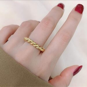 PAMTIER Unisex Stainless Steel 3mm Dainty Spiral Pattern Multi Strand Rope Plait Twist Ring Minimalist Style Stackable Eternity Band Gold Size 6