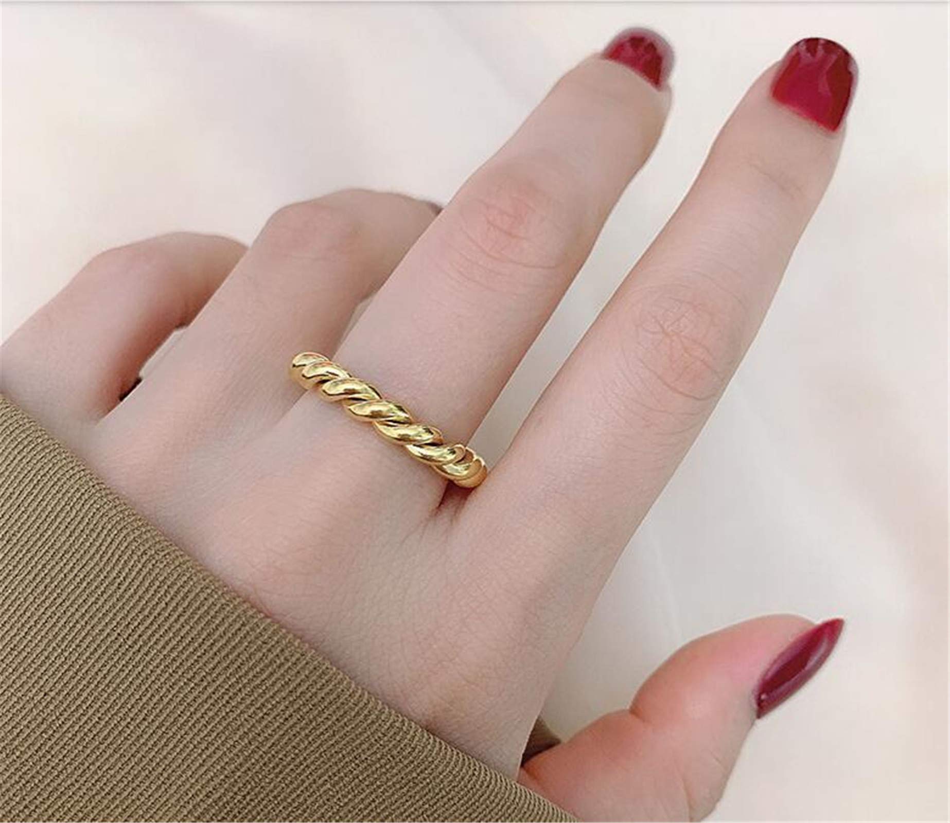 PAMTIER Unisex Stainless Steel 3mm Dainty Spiral Pattern Multi Strand Rope Plait Twist Ring Minimalist Style Stackable Eternity Band Gold Size 6