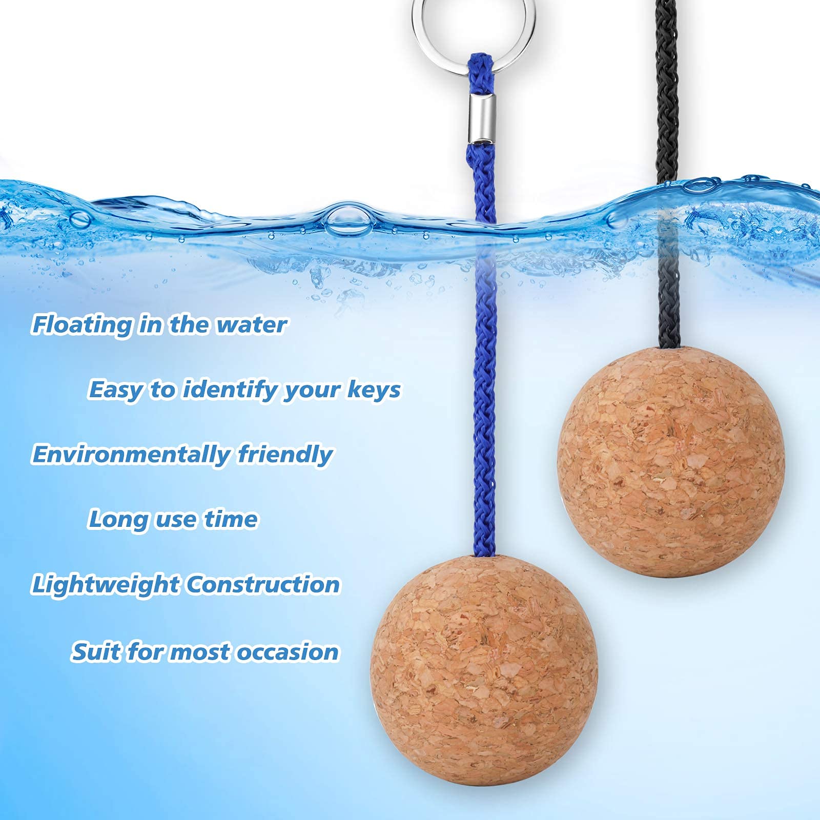 QKURT 4 PCS Floating Cork Ball Keyrings, 53mm Wooden Float Key Ring Lightweight Key Float Water Sport Accessories for Surfing Swimming Diving Fishing Sailing Boat