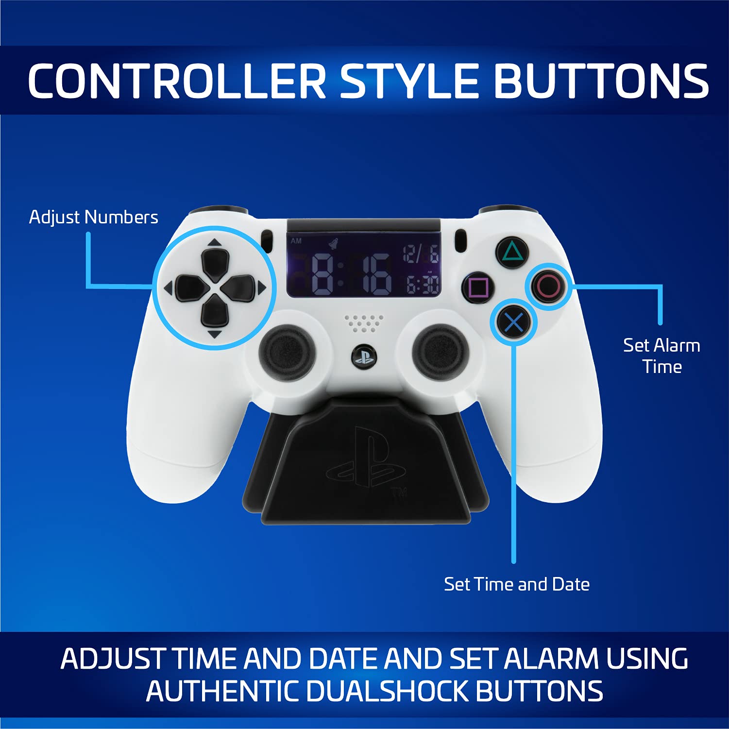 Paladone PlayStation Digital Alarm USB Reverse LCD with Backlight, White PS5 Controller Design, Use D Pad & Buttons to Control & Set Clock, Gamer Decor, PlayStation 5 Gaming Desk Accessories