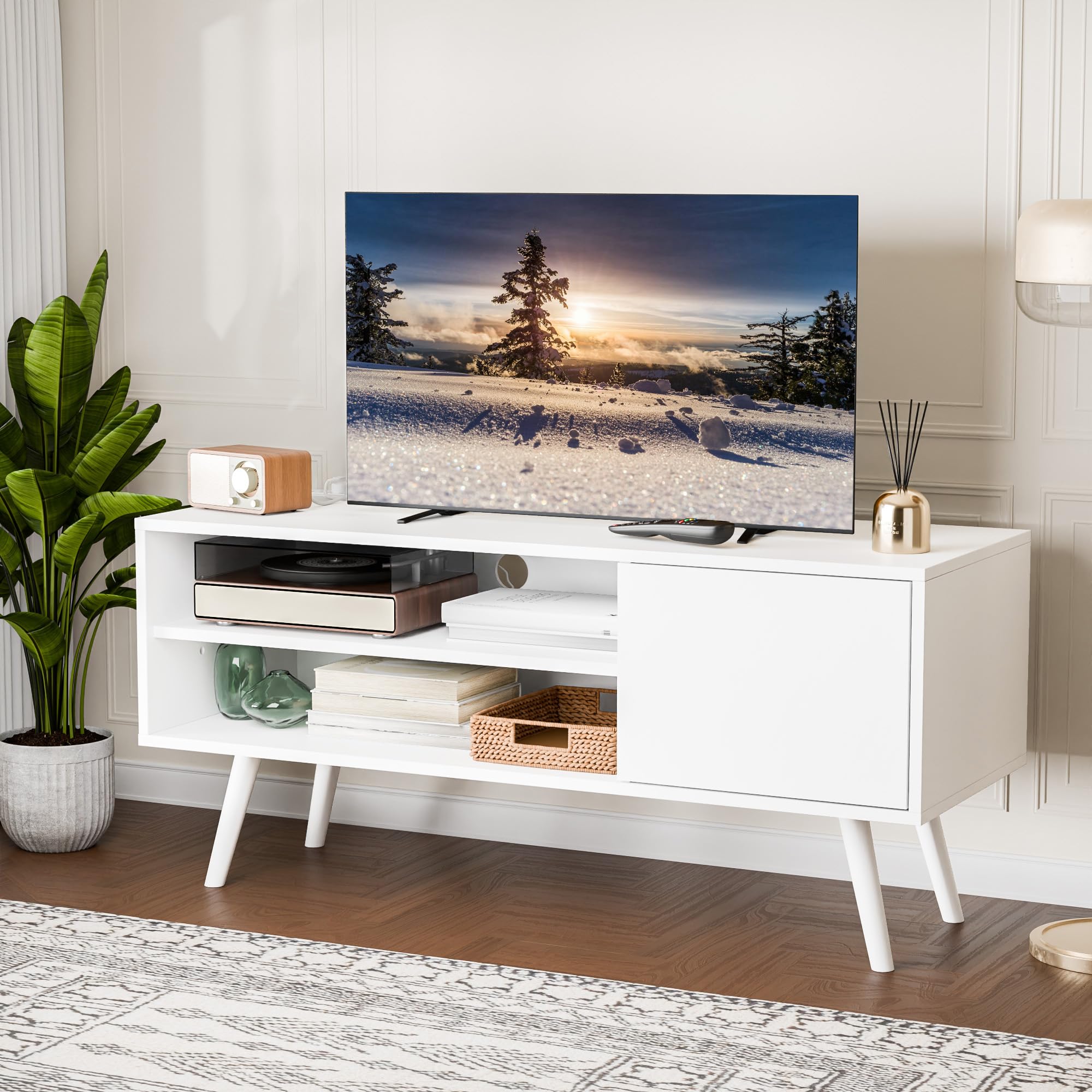 Cozy Castle TV Stand for 50 Inch TV, Mid Century Modern Entertainment Center with Storage Cabinet, TV Media Console with Charging Station for Living Room, Bedroom, White