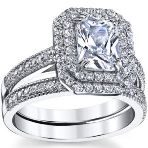 2 Carat Emerald Cut Sterling Silver and Cubic Zirconia Wedding Ring Engagement Band, Bridal Set