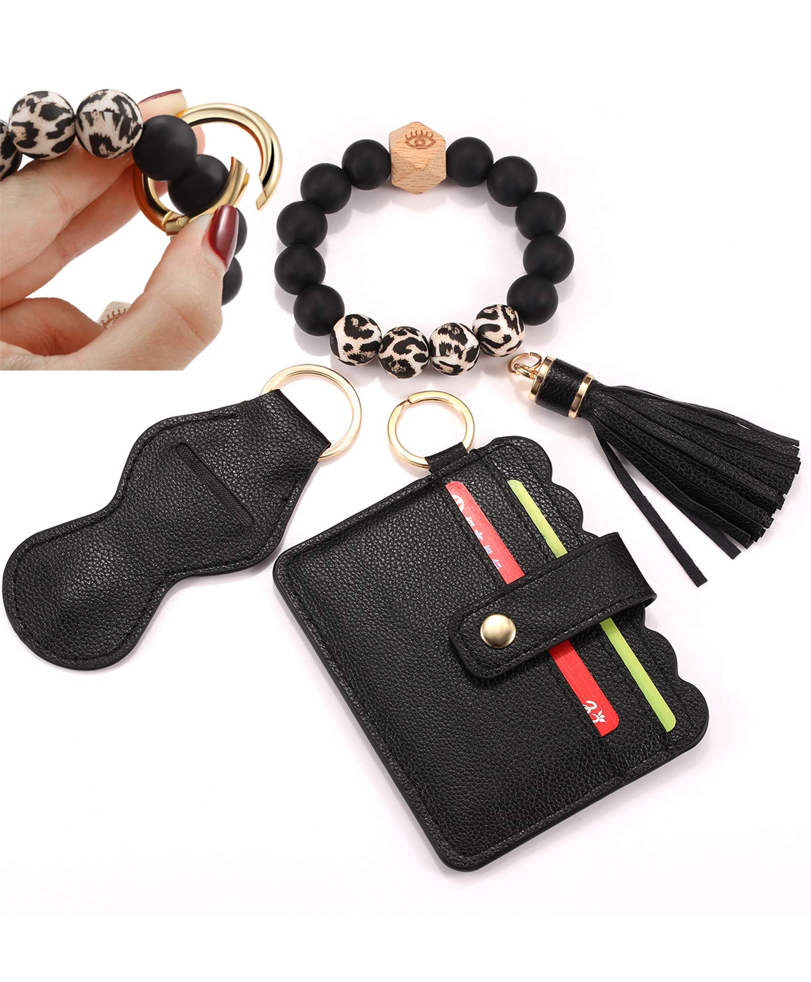 BVGA Wristlet Keychain Bracelet with Wallet，Silicone Bead keyring Bracelet Bangle Car Key Ring Holder Tassel Keyring for Women