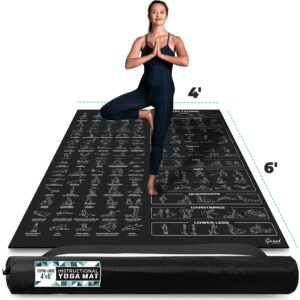 extra-large 6' x 4' instructional yoga mat with poses printed on it - 2x wider & thicker than regular workout mats - 150 illustrated yoga poses and stretches - wide, non-slip, barefoot exercise mat