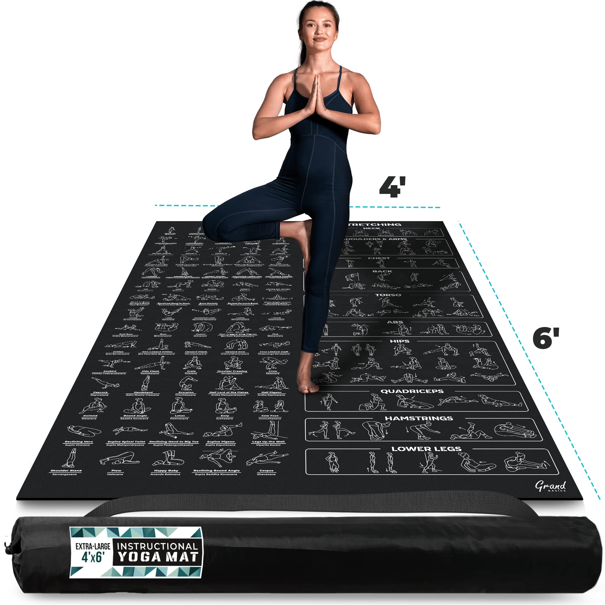 Extra-Large 6' x 4' Instructional Yoga Mat with Poses Printed On It - 2X Wider & Thicker than Regular Workout Mats - 150 Illustrated Yoga Poses and Stretches - Wide, Non-Slip, Barefoot Exercise Mat