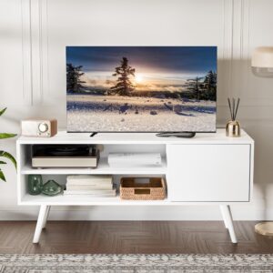 Cozy Castle TV Stand for 50 Inch TV, Mid Century Modern Entertainment Center with Storage Cabinet, TV Media Console with Charging Station for Living Room, Bedroom, White