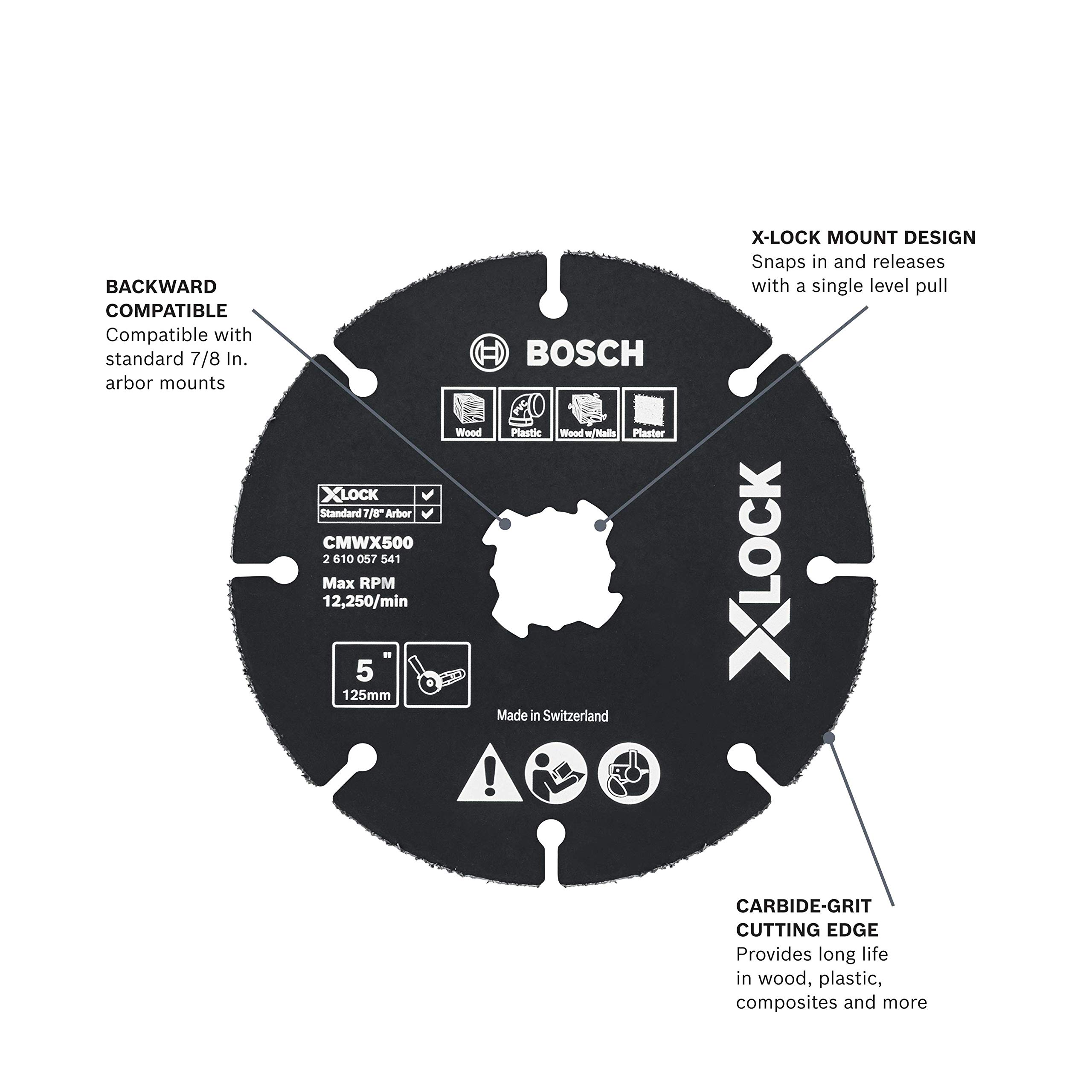 BOSCH CMWX500 5 In. X-LOCK Carbide Multi-Wheel Compatible with 7/8 In. Arbor for Applications in Cutting Wood, Wood with Nails, Plastic, Plaster