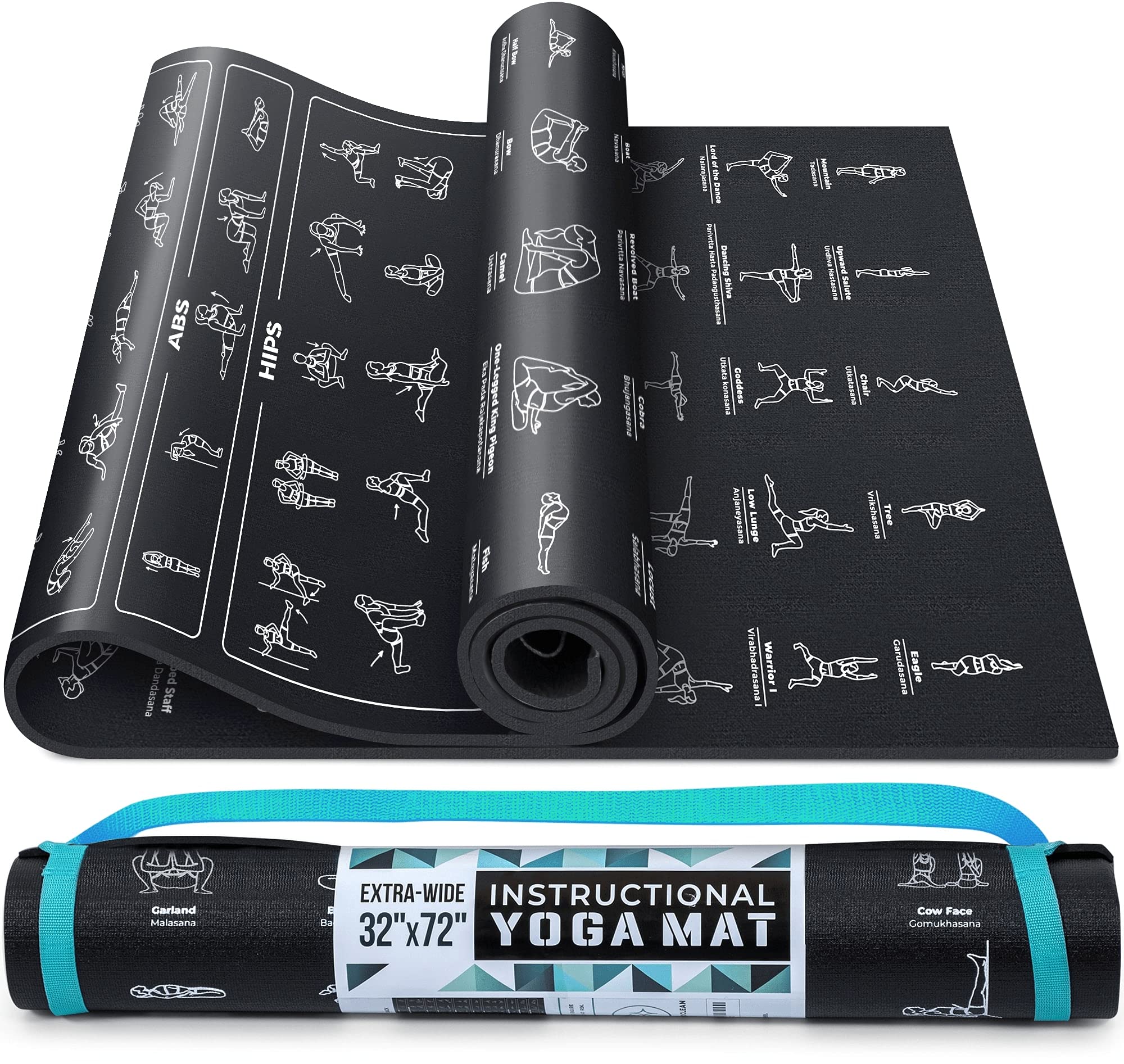 Instructional Yoga Mat with Carrying Strap: Cute Yoga Mat with 75 Illustrated Yoga Poses + 75 EasilyFollowed Stretching Exercises 14” Thick, NonToxic, NonSlip Yoga Mats for Women and Men (Jet