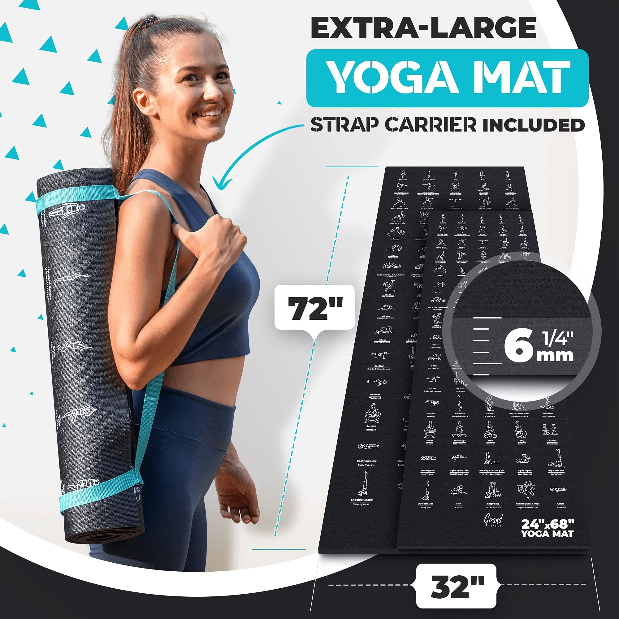 Instructional Yoga Mat with Carrying Strap: Cute Yoga Mat with 75 Illustrated Yoga Poses + 75 EasilyFollowed Stretching Exercises 14” Thick, NonToxic, NonSlip Yoga Mats for Women and Men (Jet