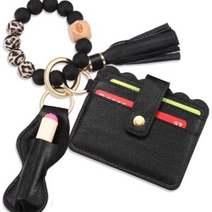 BVGA Wristlet Keychain Bracelet with Wallet，Silicone Bead keyring Bracelet Bangle Car Key Ring Holder Tassel Keyring for Women