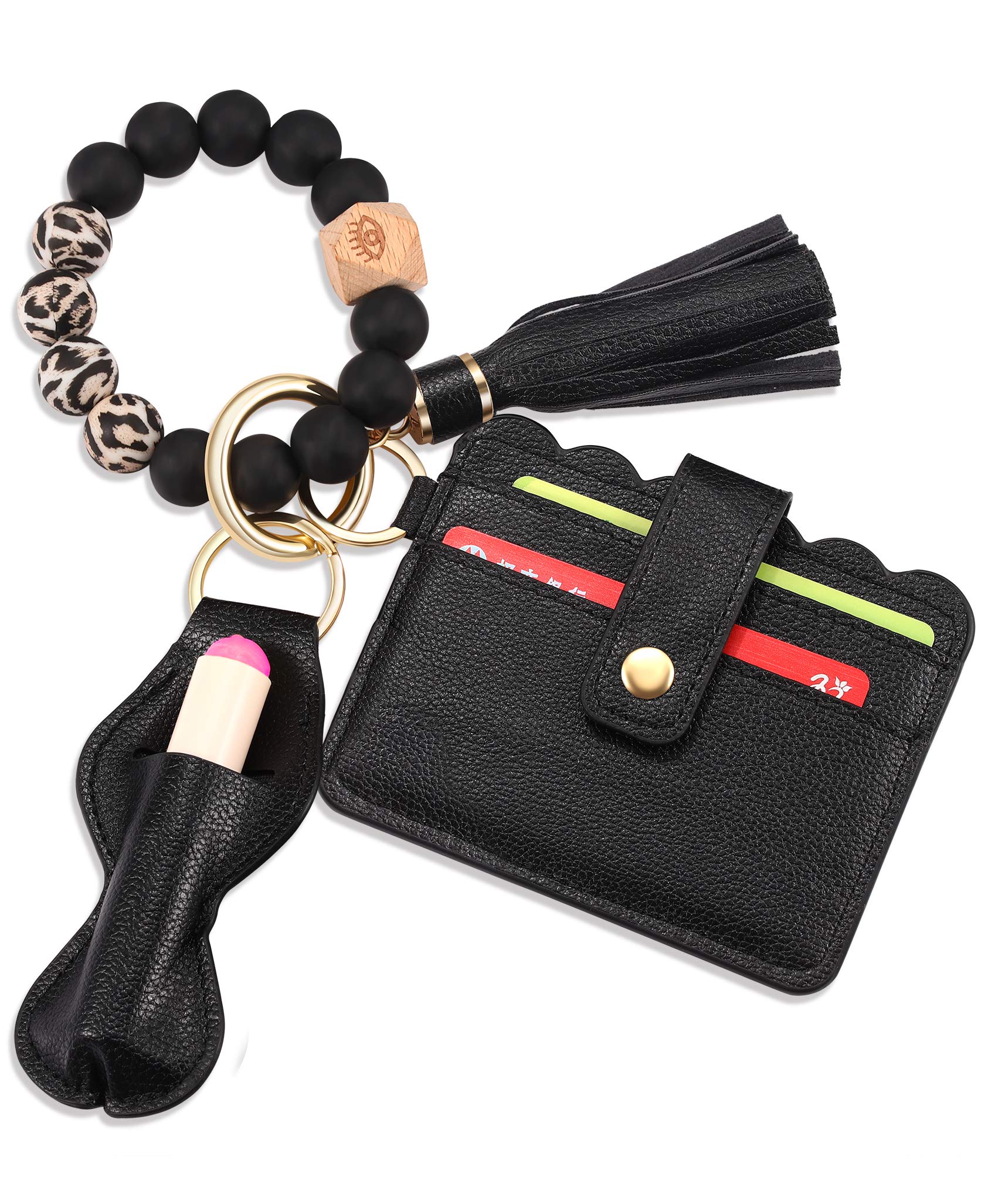 BVGA Wristlet Keychain Bracelet with Wallet，Silicone Bead keyring Bracelet Bangle Car Key Ring Holder Tassel Keyring for Women