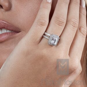 2 Carat Emerald Cut Sterling Silver and Cubic Zirconia Wedding Ring Engagement Band, Bridal Set