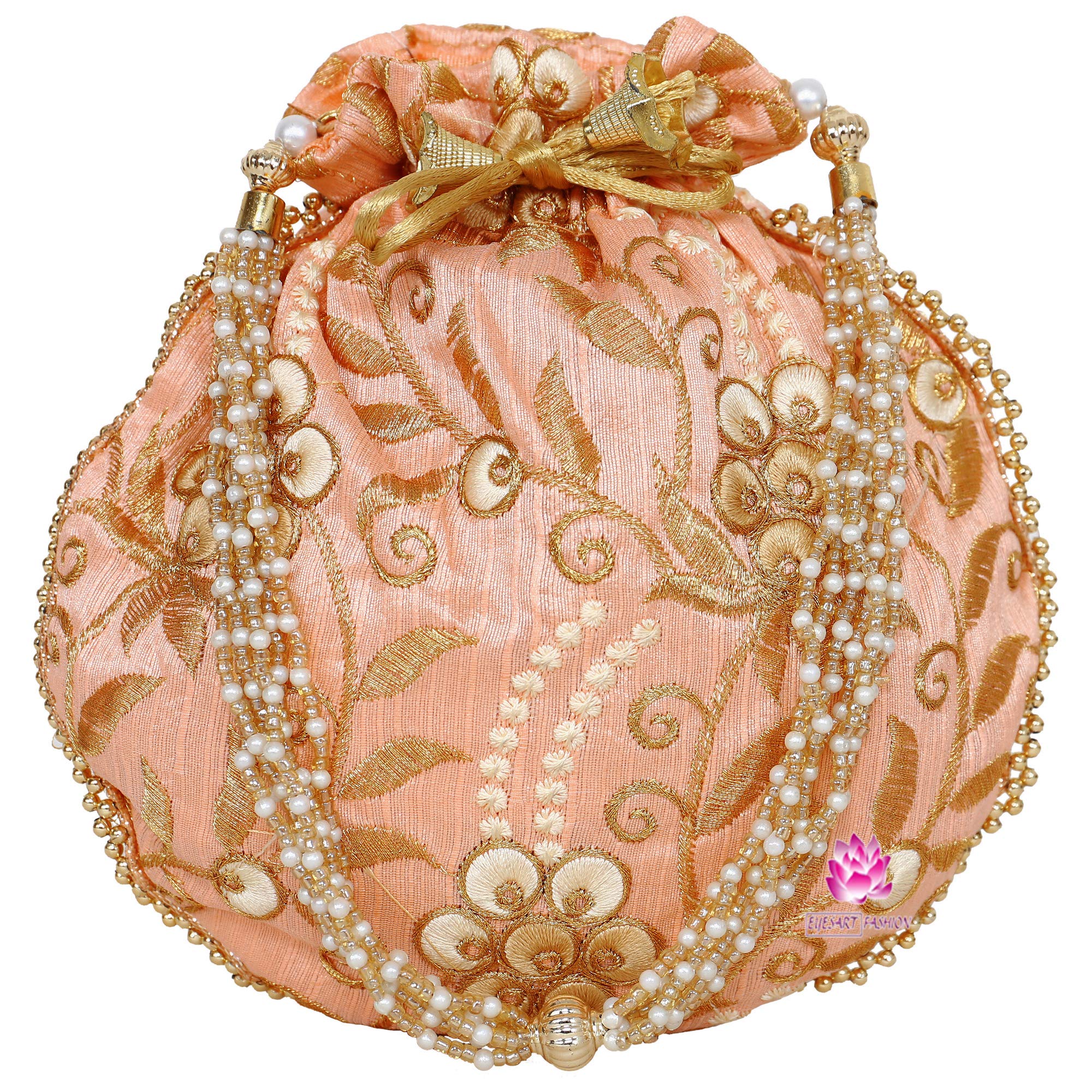 Indian Ethnic Potli bag Ladies Handbag Purse for Bridal Batwa Pearls Handle Purse Clutch Purse for Women (Brige)