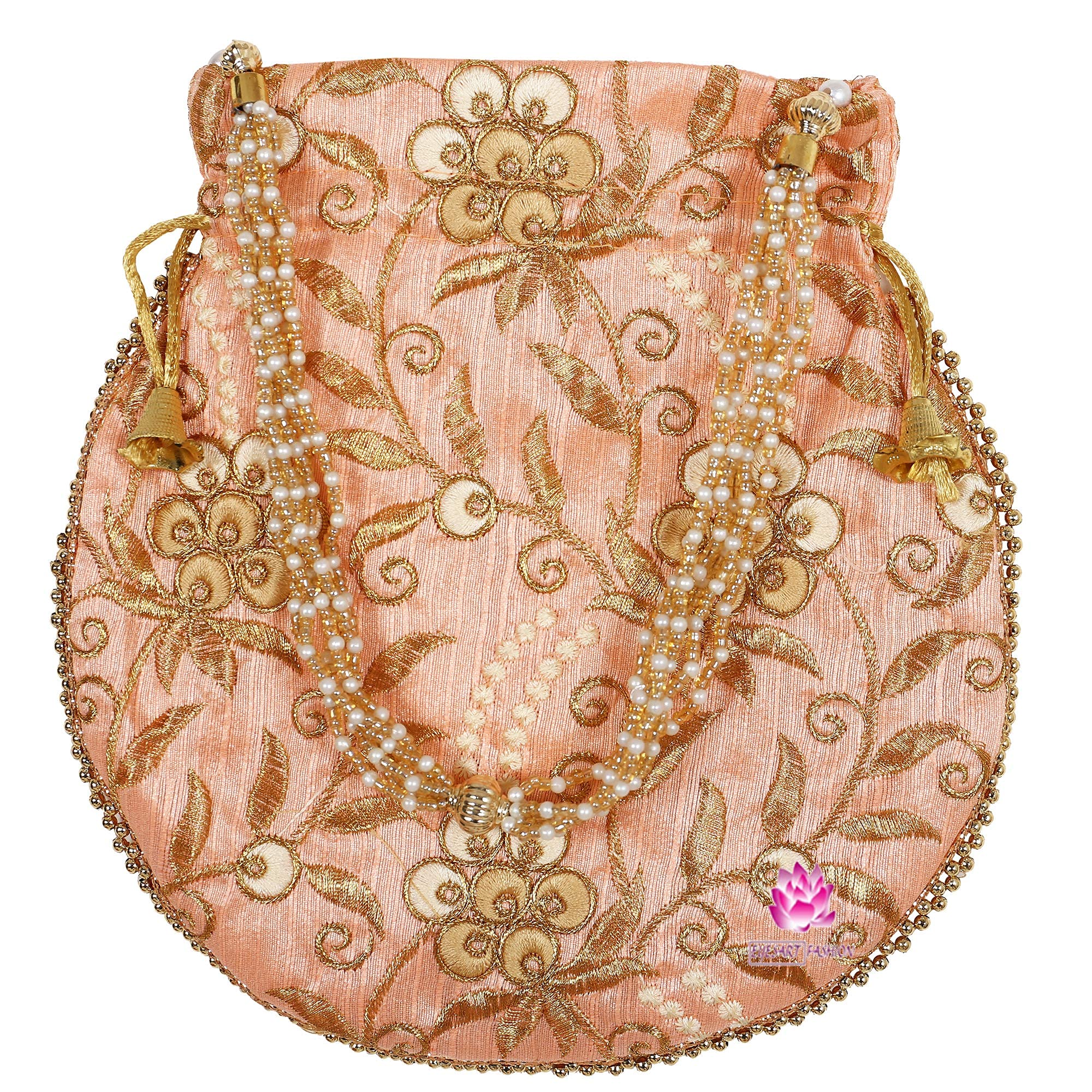 Indian Ethnic Potli bag Ladies Handbag Purse for Bridal Batwa Pearls Handle Purse Clutch Purse for Women (Brige)