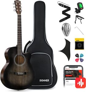 donner acoustic guitar for beginner adult 40 inch cutaway acustica guitarra bundle kit with pickup online lesson bag tuner capo strap mini jumbo travel teen right hand black brown daj-110cd