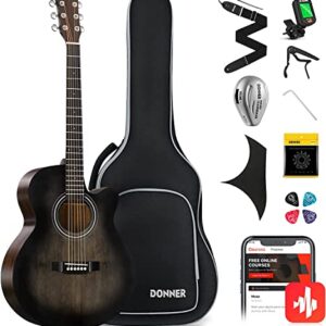 Donner Acoustic Guitar for Beginner Adult 40 Inch Cutaway Acustica Guitarra Bundle Kit with Pickup Online Lesson Bag Tuner Capo Strap Mini Jumbo Travel Teen Right Hand Black Brown DAJ-110CD