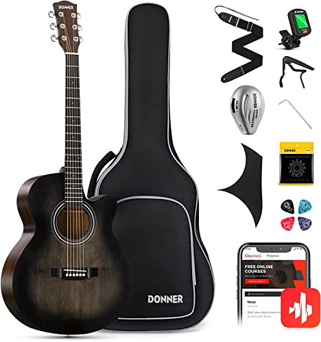 Donner Acoustic Guitar for Beginner Adult 40 Inch Cutaway Acustica Guitarra Bundle Kit with Pickup Online Lesson Bag Tuner Capo Strap Mini Jumbo Travel Teen Right Hand Black Brown DAJ-110CD