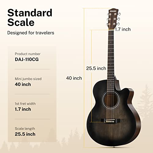 Donner Acoustic Guitar for Beginner Adult 40 Inch Cutaway Acustica Guitarra Bundle Kit with Pickup Online Lesson Bag Tuner Capo Strap Mini Jumbo Travel Teen Right Hand Black Brown DAJ-110CD