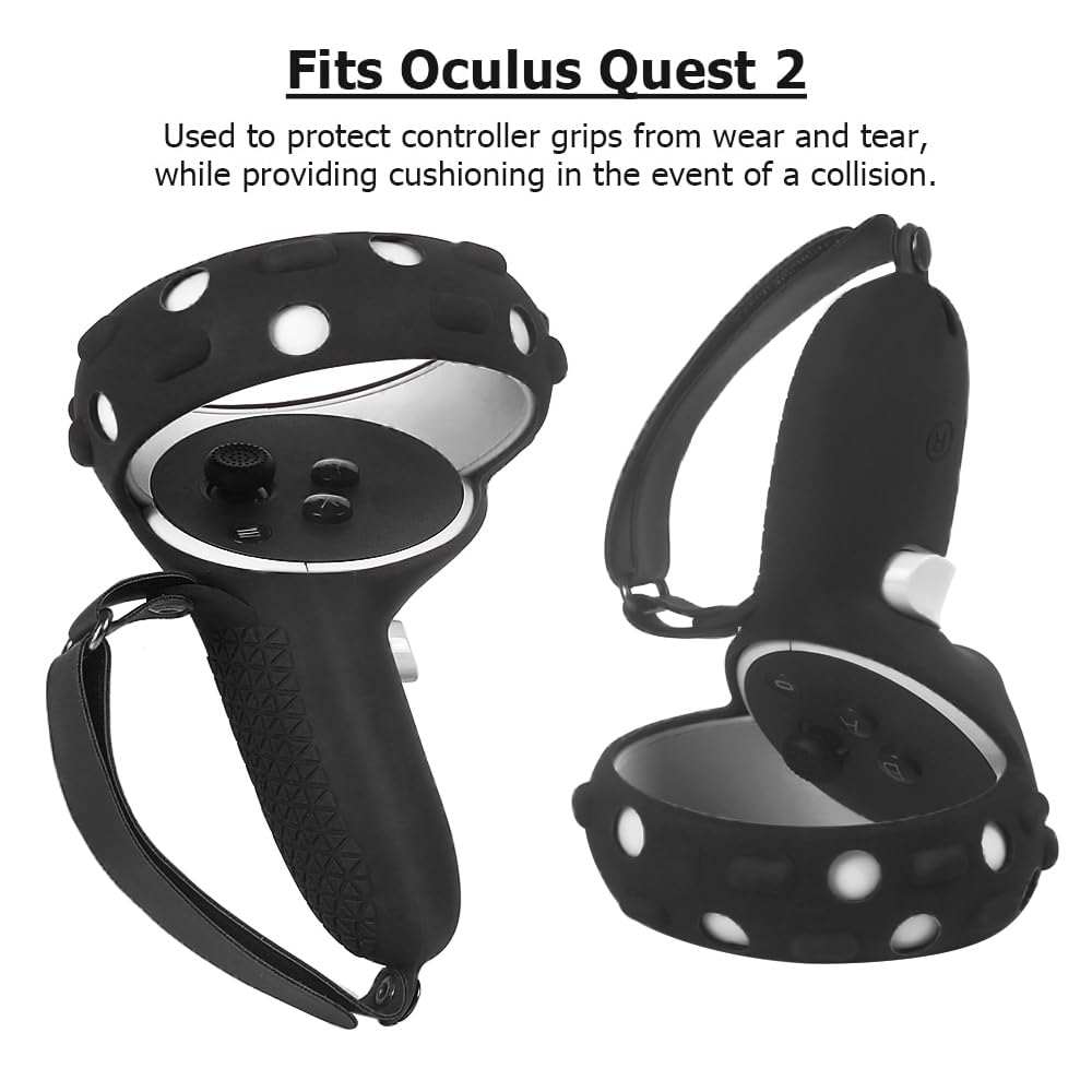 VR Controller Grips Cover with Anti-Throw Knuckle Strap + Lens Protector Cover for Oculus Quest 2 (Black)