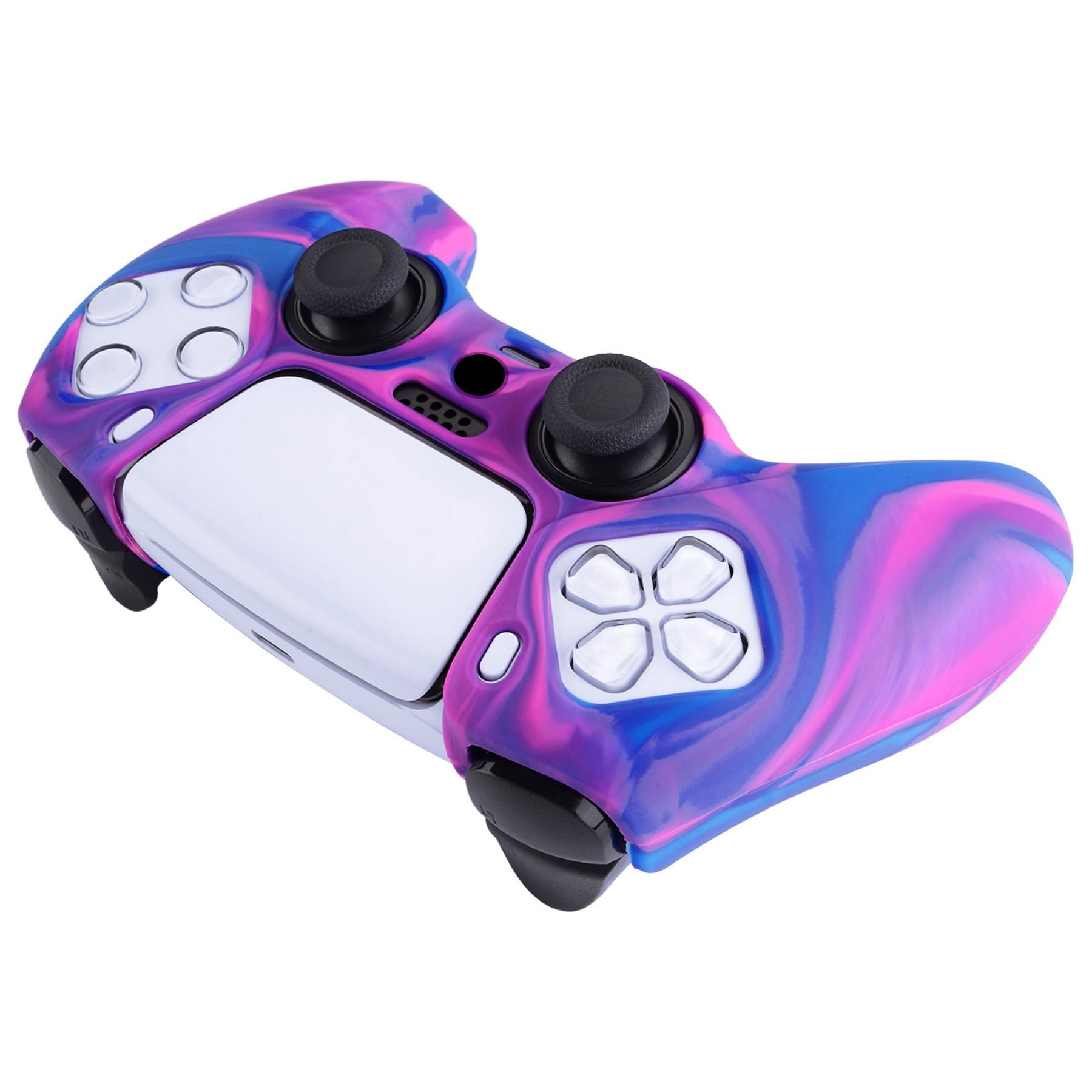 PlayVital Tri-Color Pink & Purple & Blue Camouflage Anti-Slip Silicone Cover Skin for ps5 Controller, Soft Rubber Case for PS5 Wireless Controller with Black Thumb Grip Caps