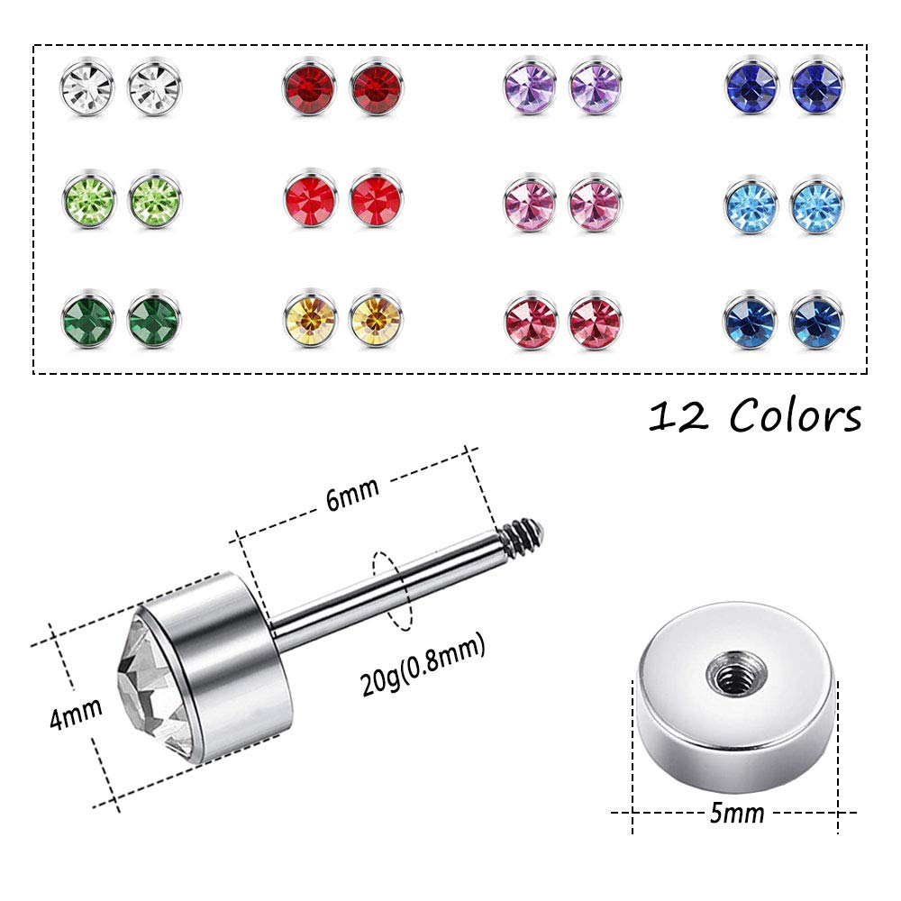 ZS 12 Pairs CZ Ear Stud Mixed Colors Cartilage Earrings Set Stainless Steel Barbell Studs Earrings Helix Tragus Piercing (Butterfly Push Backs,20g(0.8mm))