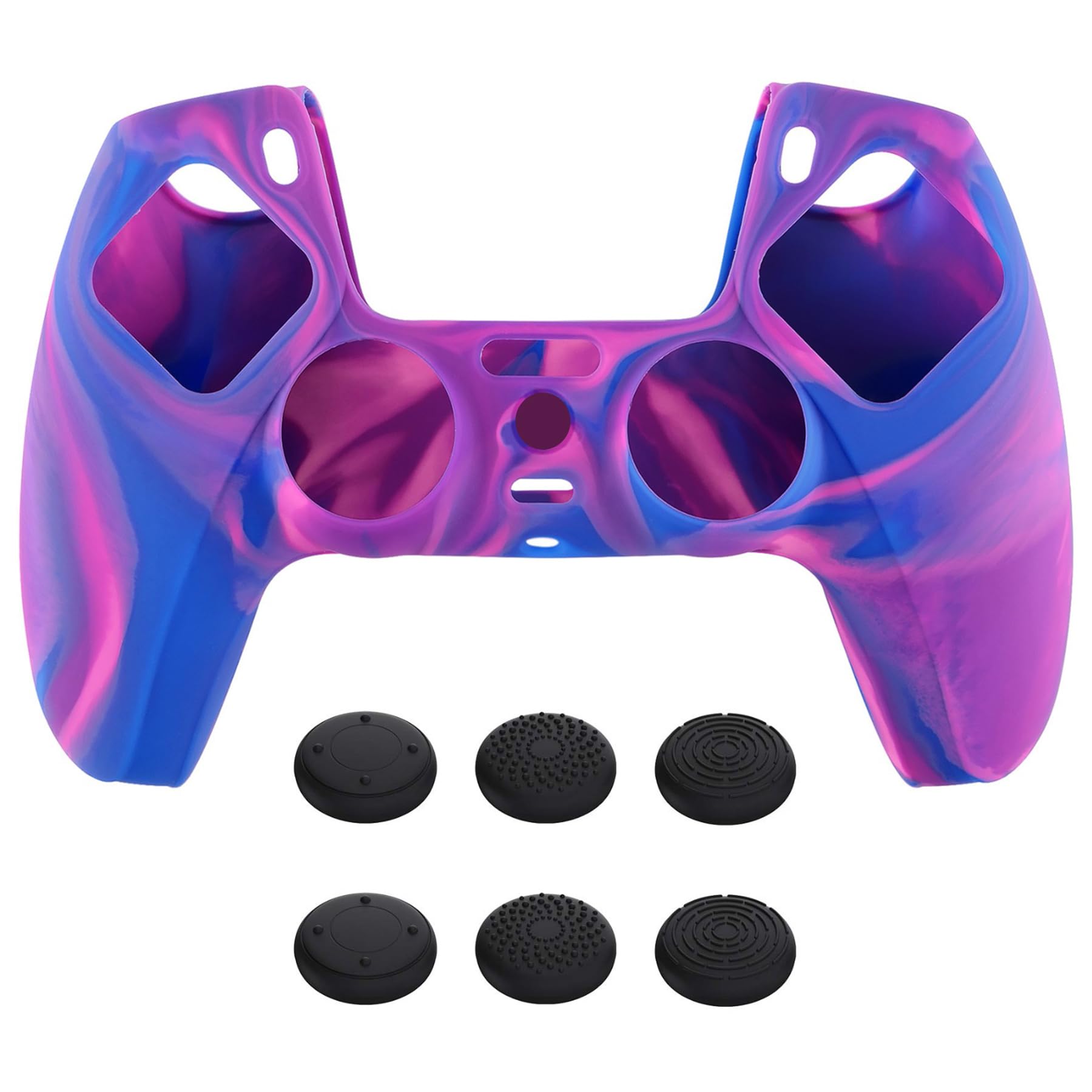 PlayVital Tri-Color Pink & Purple & Blue Camouflage Anti-Slip Silicone Cover Skin for ps5 Controller, Soft Rubber Case for PS5 Wireless Controller with Black Thumb Grip Caps