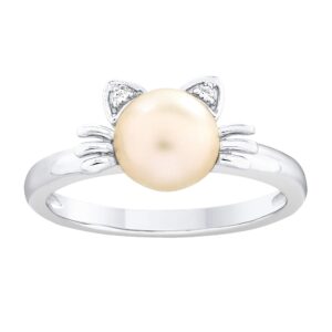 lexi and rose .925 sterling silver, 7.0mm white freshwater cultured pearl & lab grown white sapphire kitty cat statement ring - size 9